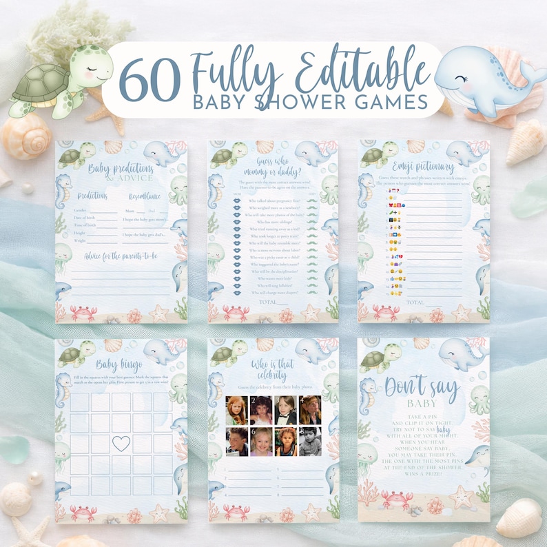 60 Editable Under the Sea Baby Shower Games Bundle, Nautical Ocean ...