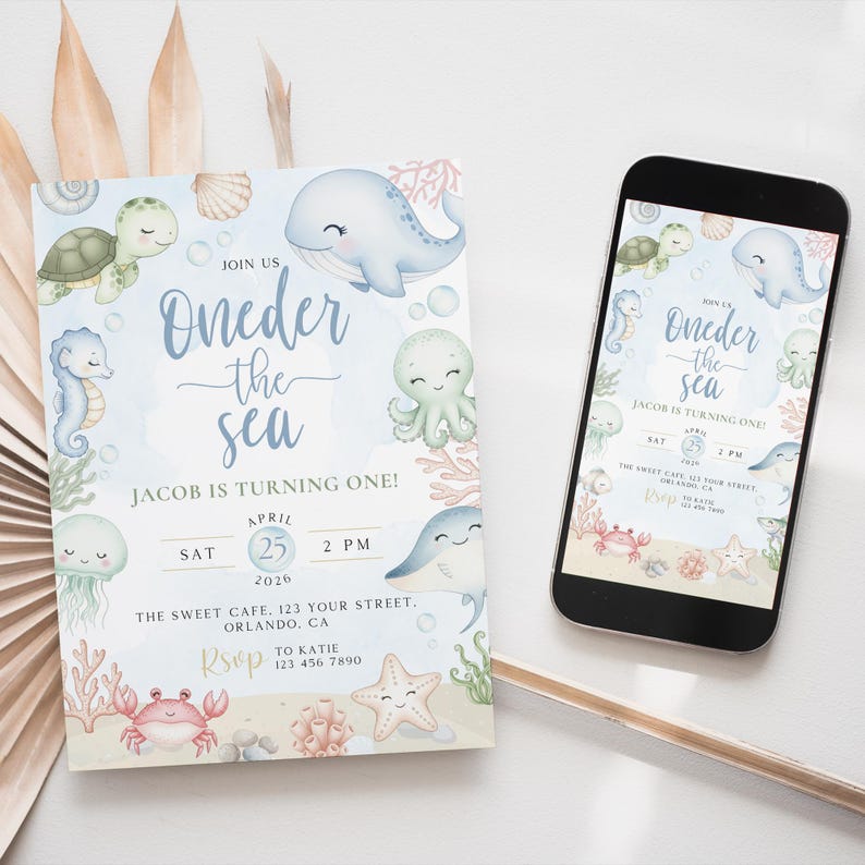 Oneder the Sea Invitation Template: Ocean Animals 1st Birthday Invite ...