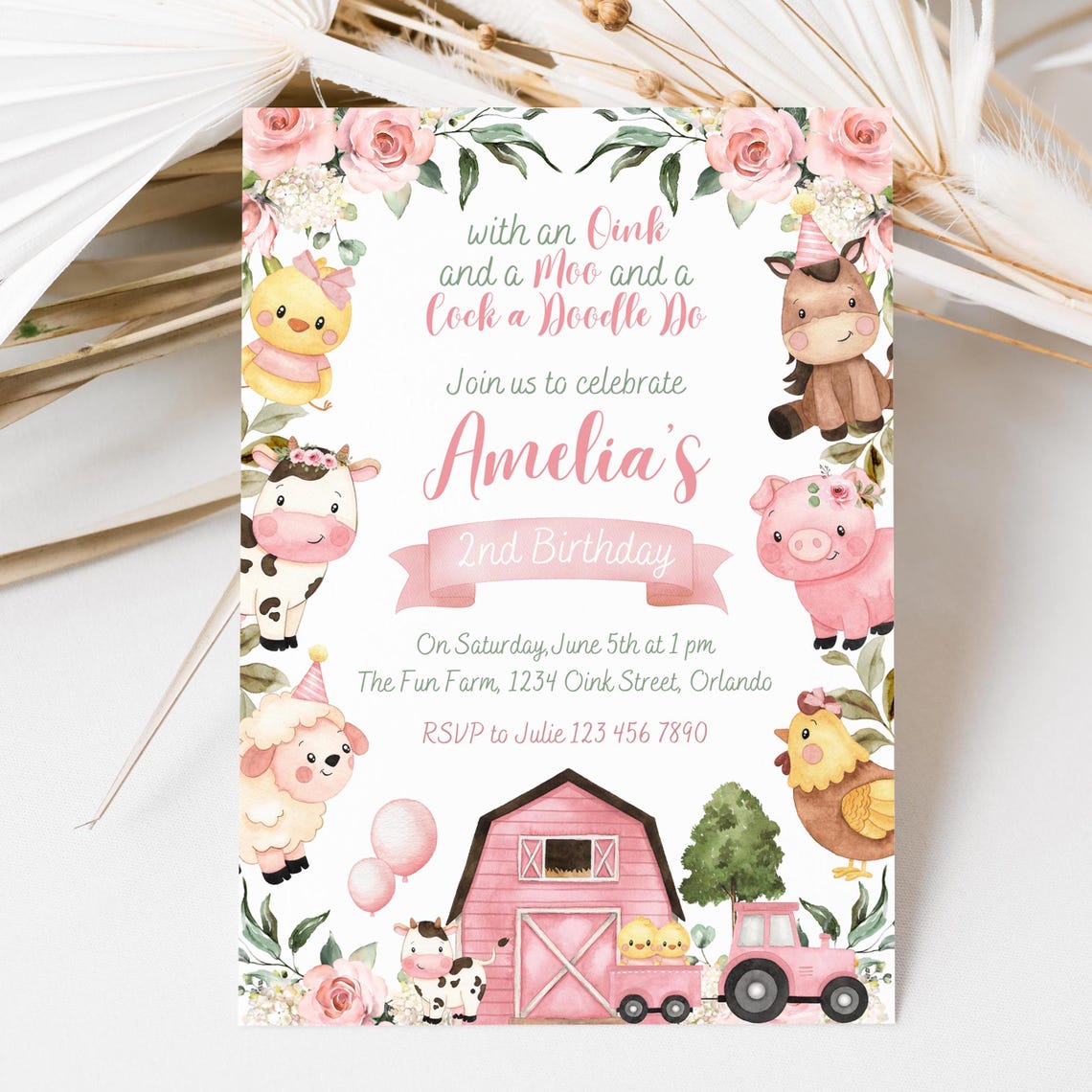 Pink Farm 2nd Birthday Invitation: Editable Barnyard Party (digital ...