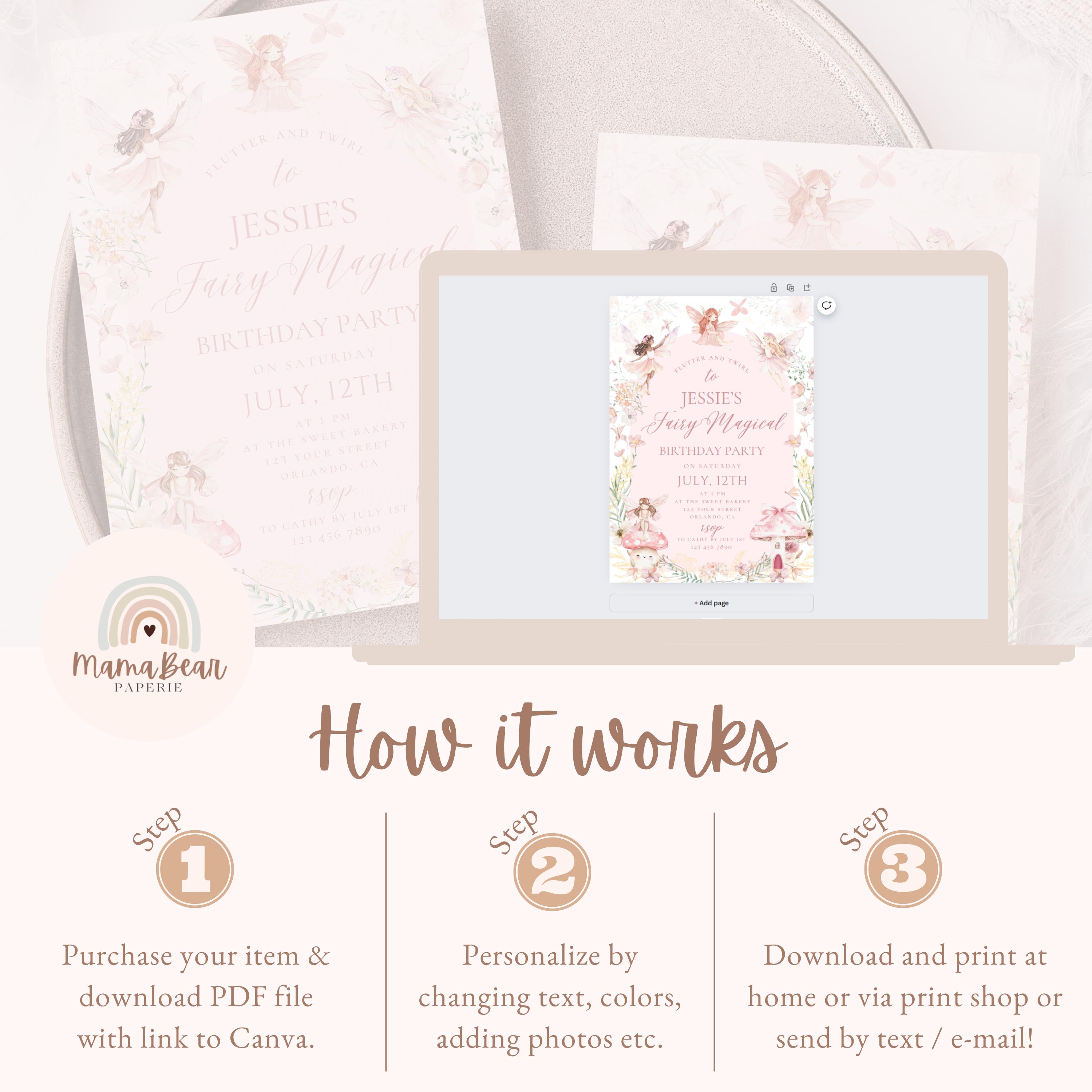 Editable Pink Fairy Birthday Invitation, Girl Birthday Party Template ...