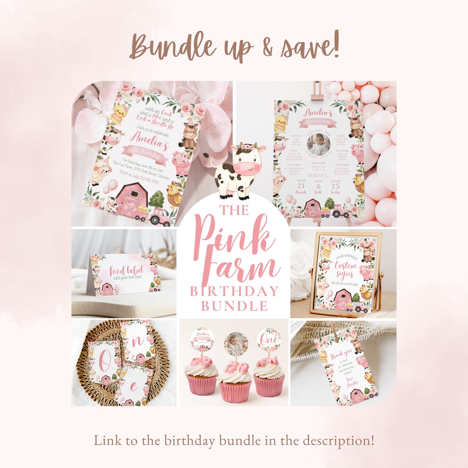 Pink Farm 1st Birthday Invitation: Girl First Birthday Editable ...