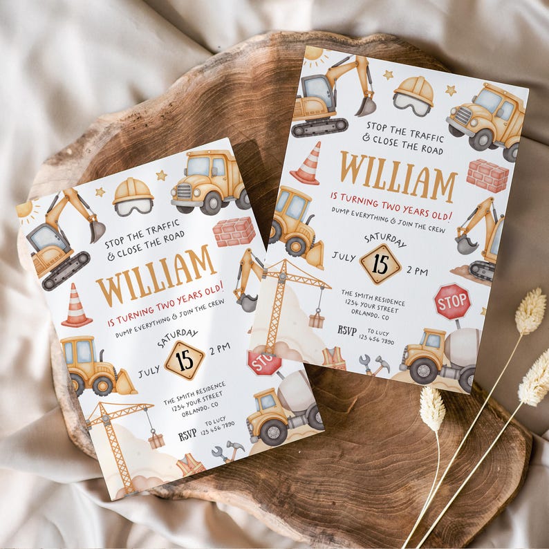 Construction Birthday Invitation, Excavator Invite, Dump Truck, Digger ...