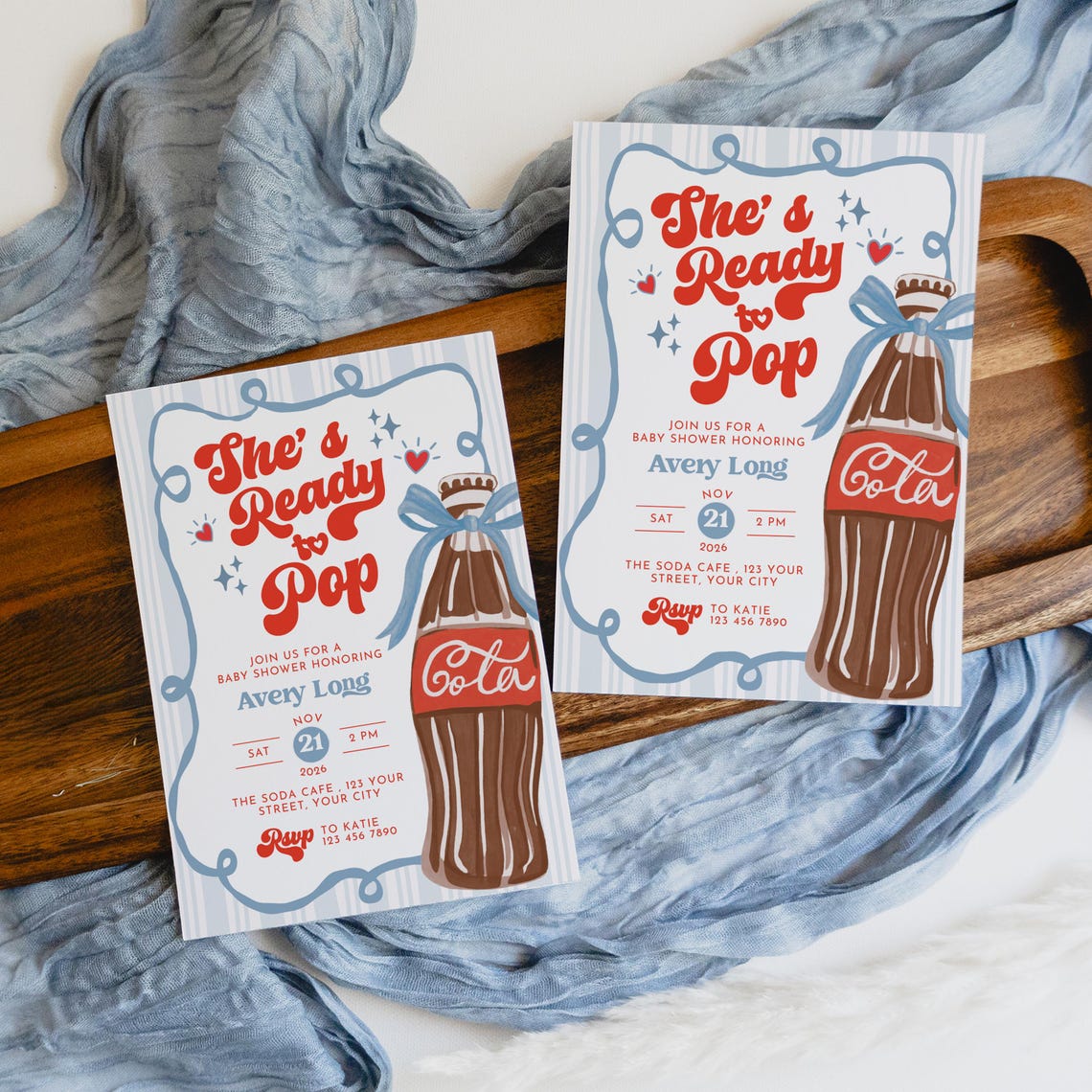She’s Ready to Pop Baby Shower Invitation, Retro Soda Invite, Coke Blue ...