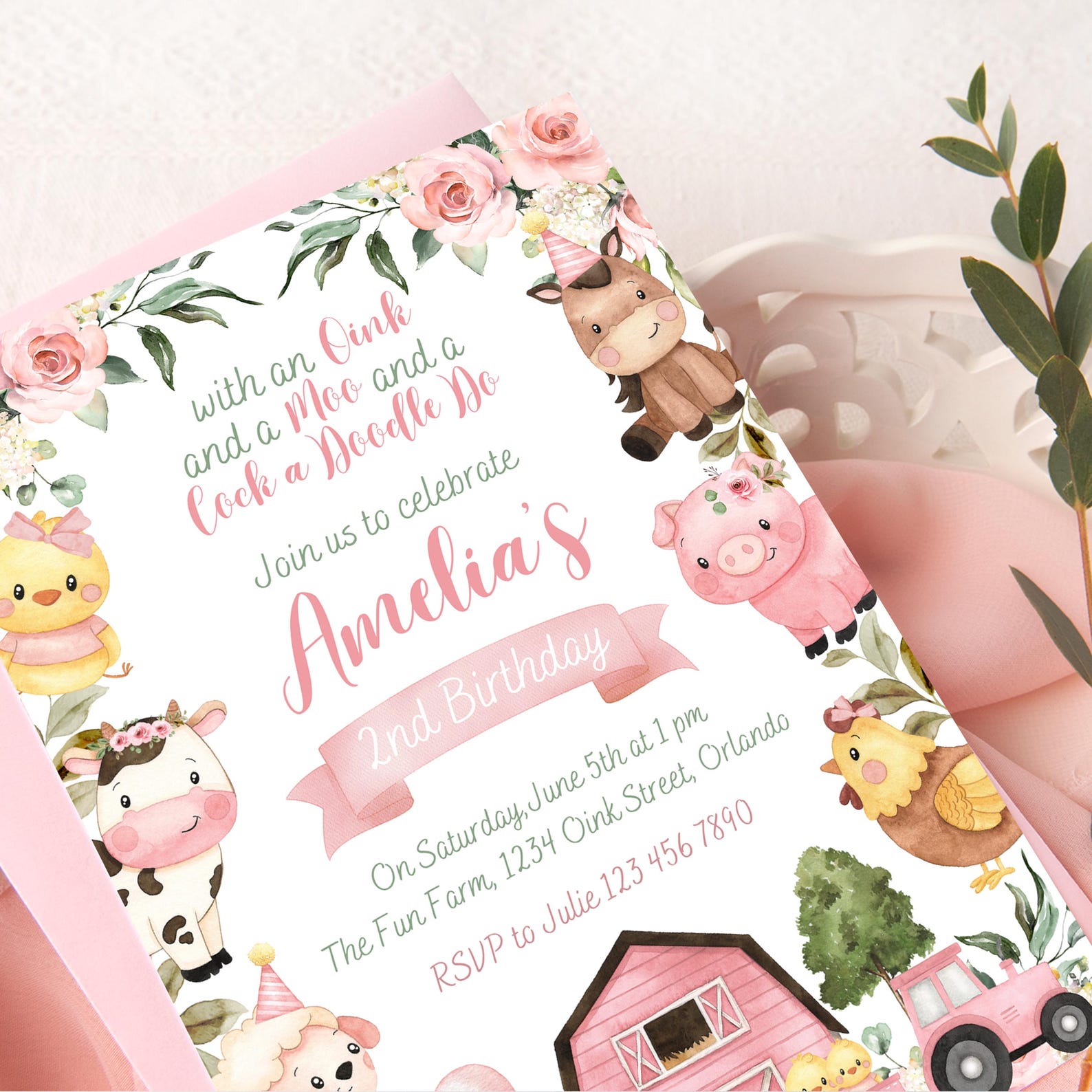 Pink Farm 2nd Birthday Invitation: Editable Barnyard Party (digital ...