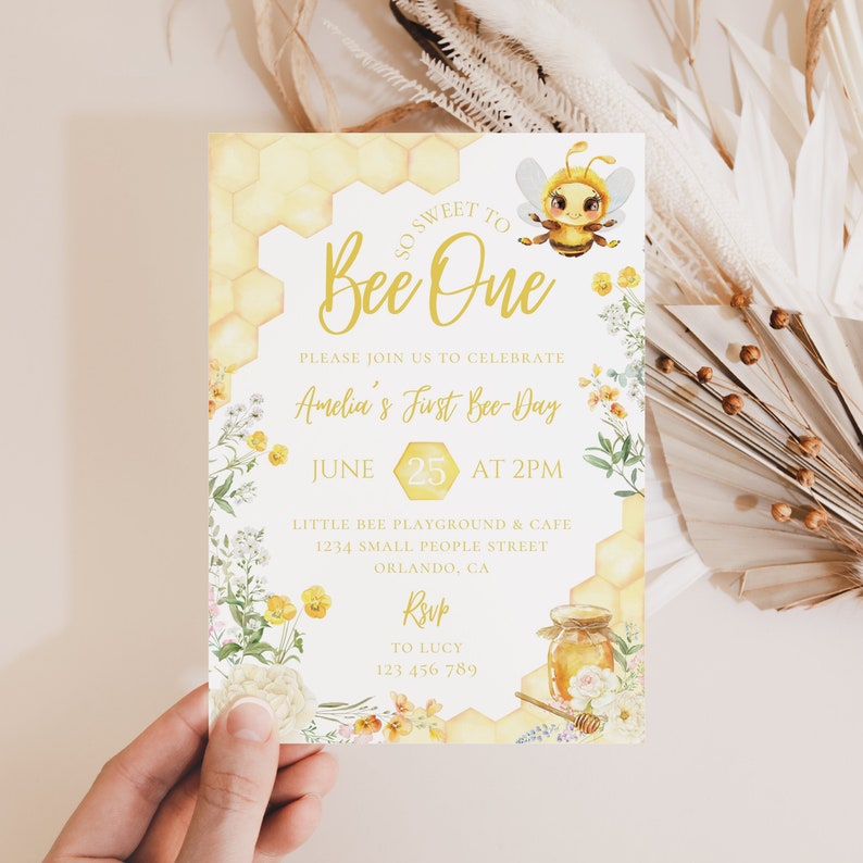 Sweet Bee 1st Birthday Invitation, First Bee Day Invite Template ...