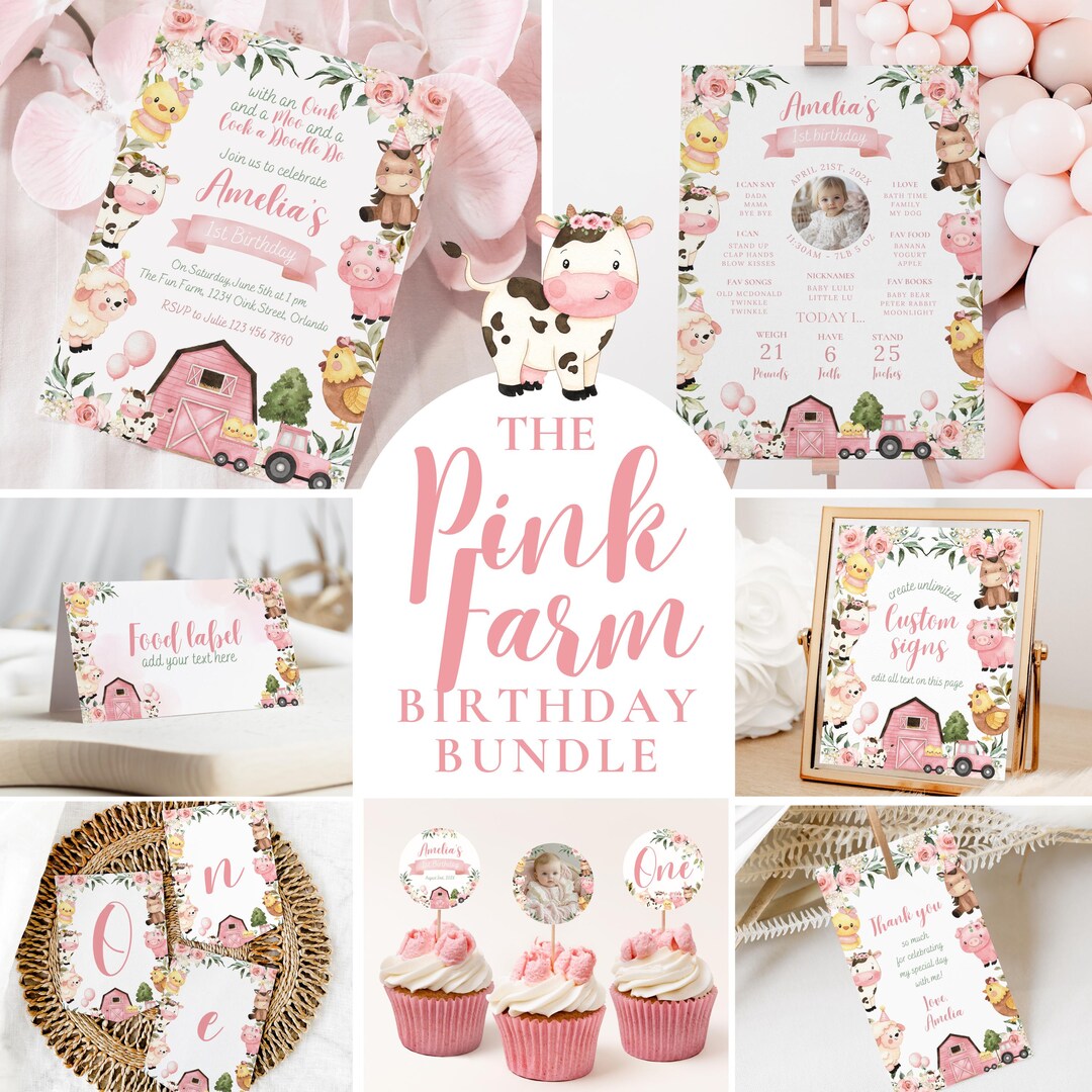 Pink Farm 1st Birthday Party Bundle: Editable Invitation, Welcome Sign ...