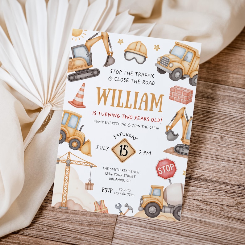 Construction Birthday Invitation, Excavator Invite, Dump Truck, Digger ...