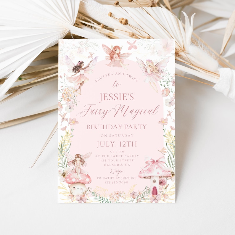 Editable Pink Fairy Birthday Invitation, Girl Birthday Party Template ...