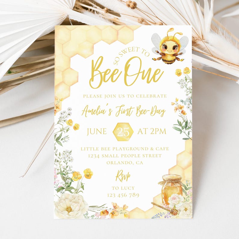 Sweet Bee 1st Birthday Invitation, First Bee Day Invite Template ...