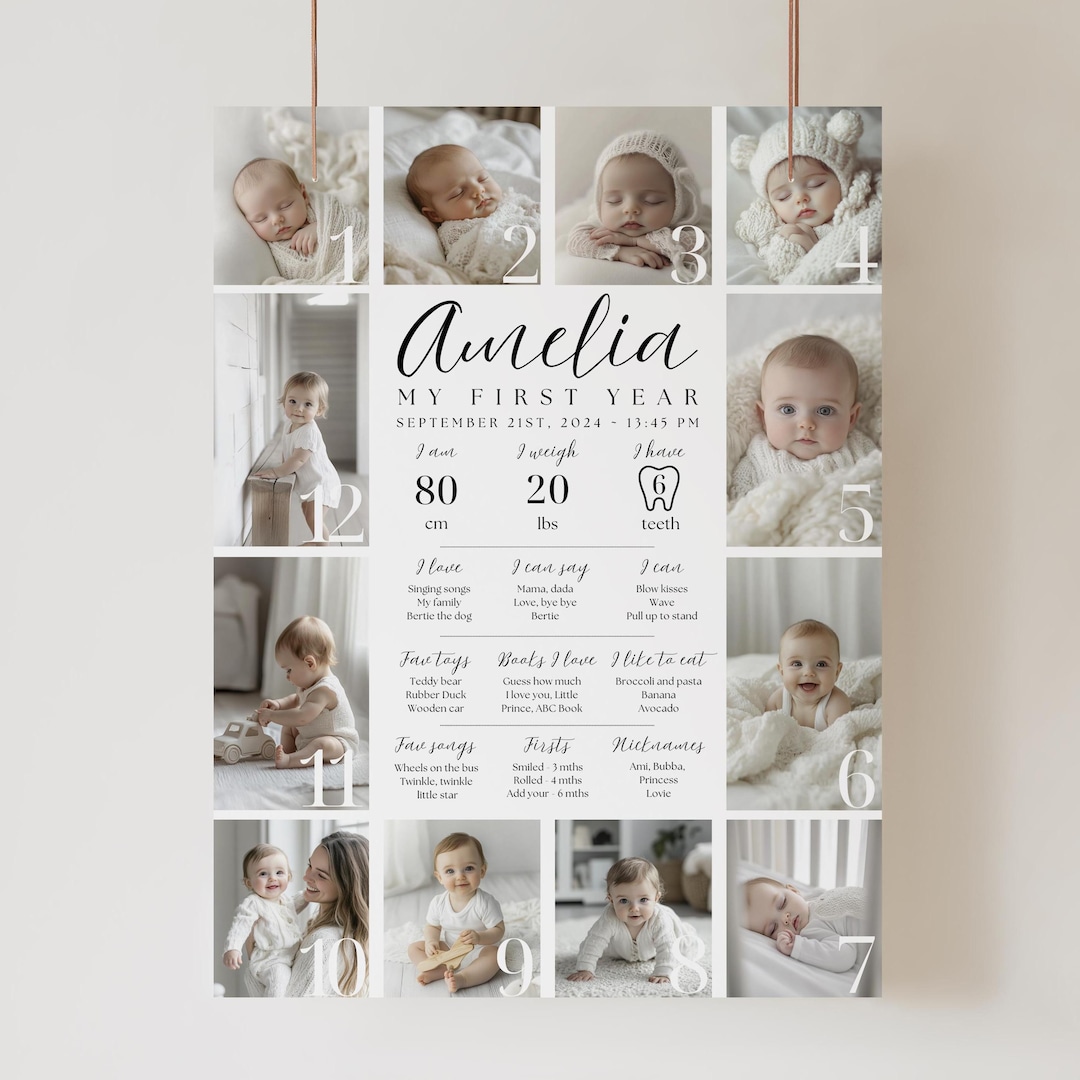 Modern 1st Birthday Milestone Poster, One Year Photos Baby Milestone ...