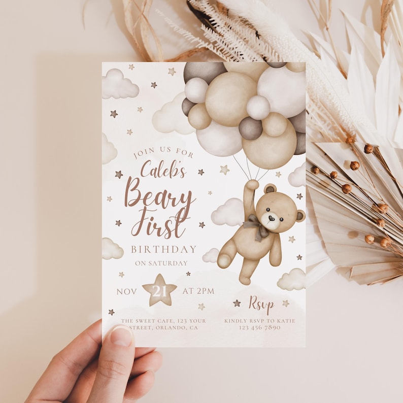 Teddy Bear First Birthday Invitation Template: Beige Boho Design (canva ...
