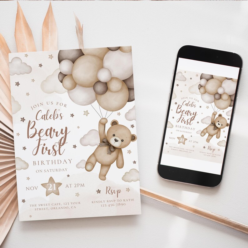 Teddy Bear First Birthday Invitation Template: Beige Boho Design (canva ...
