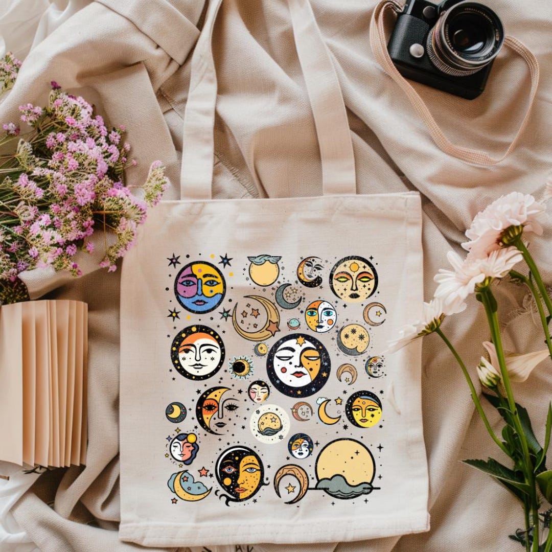 Celestial Moon Phase Tote Bag, Boho Mystical Moon and Sun, Boho Moon ...
