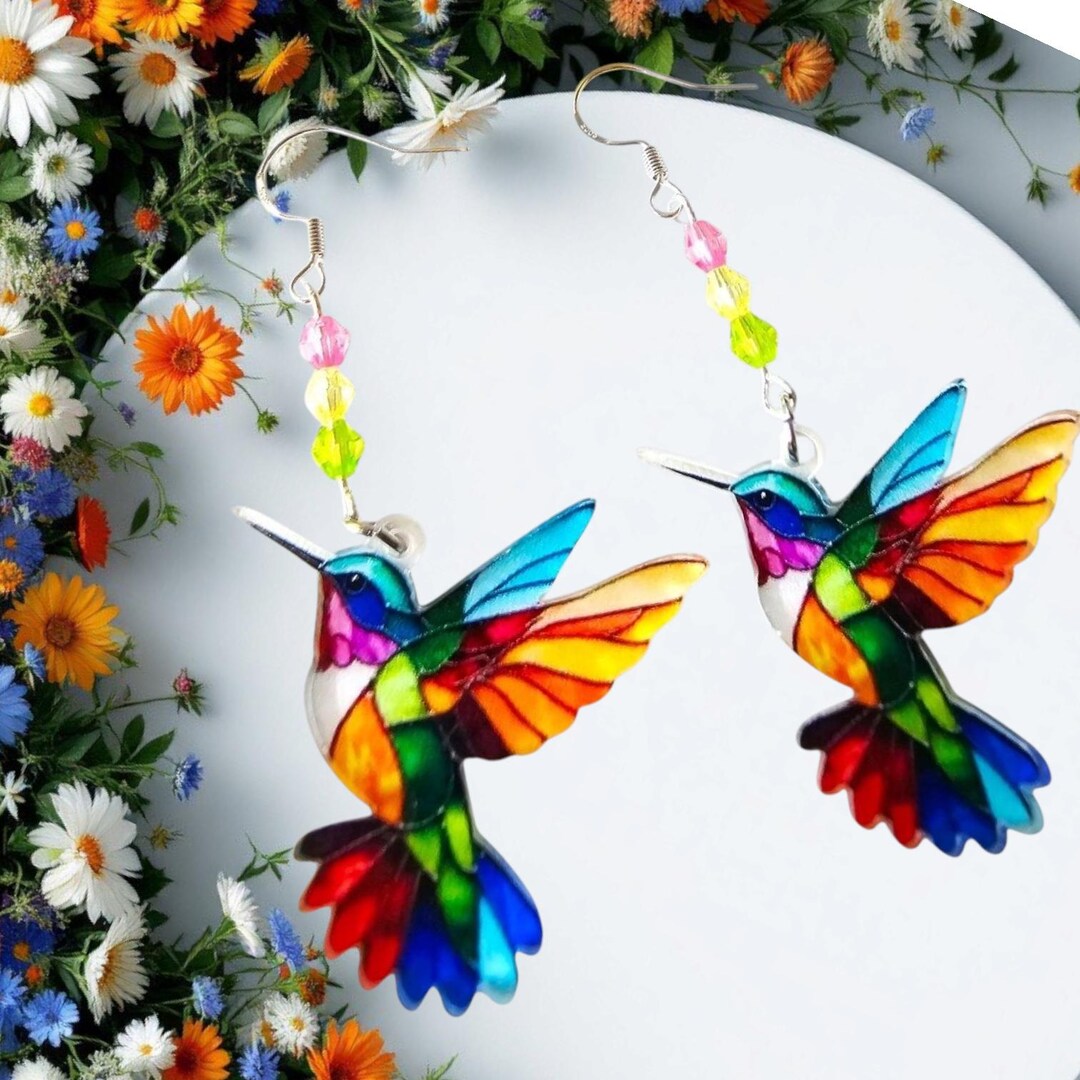 Humming Bird Earrings. Acrylic Stained Glass Design Hummingbird 925 ...