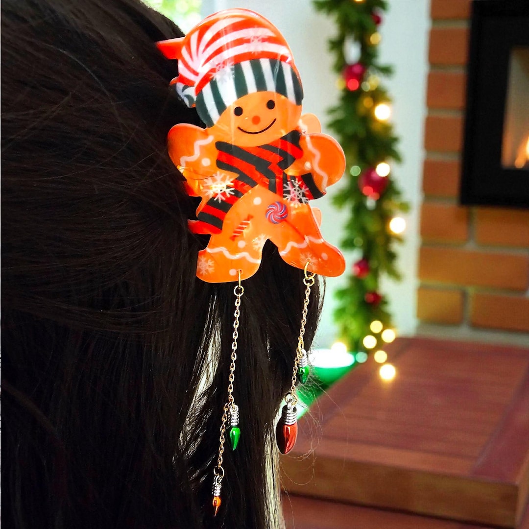 Gingerbread Man Hair Claw Clip: Dangling Christmas Lights, Holiday ...