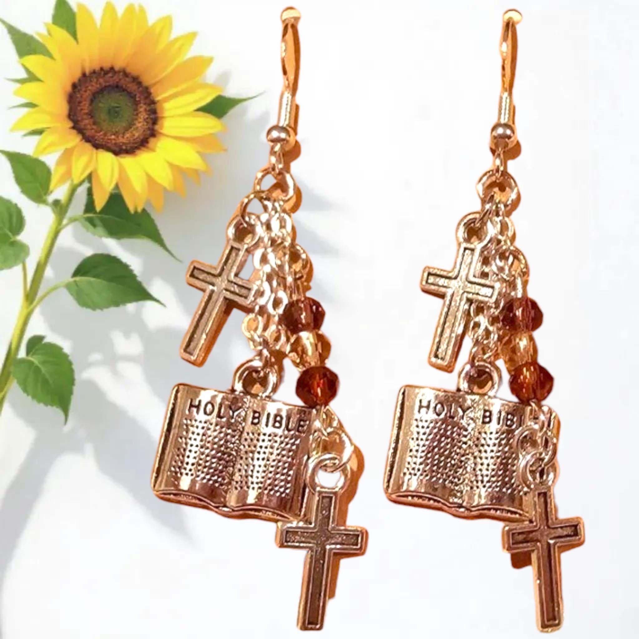Handmade Christian Earrings: Bible, Cross & Crystal Beads - Etsy