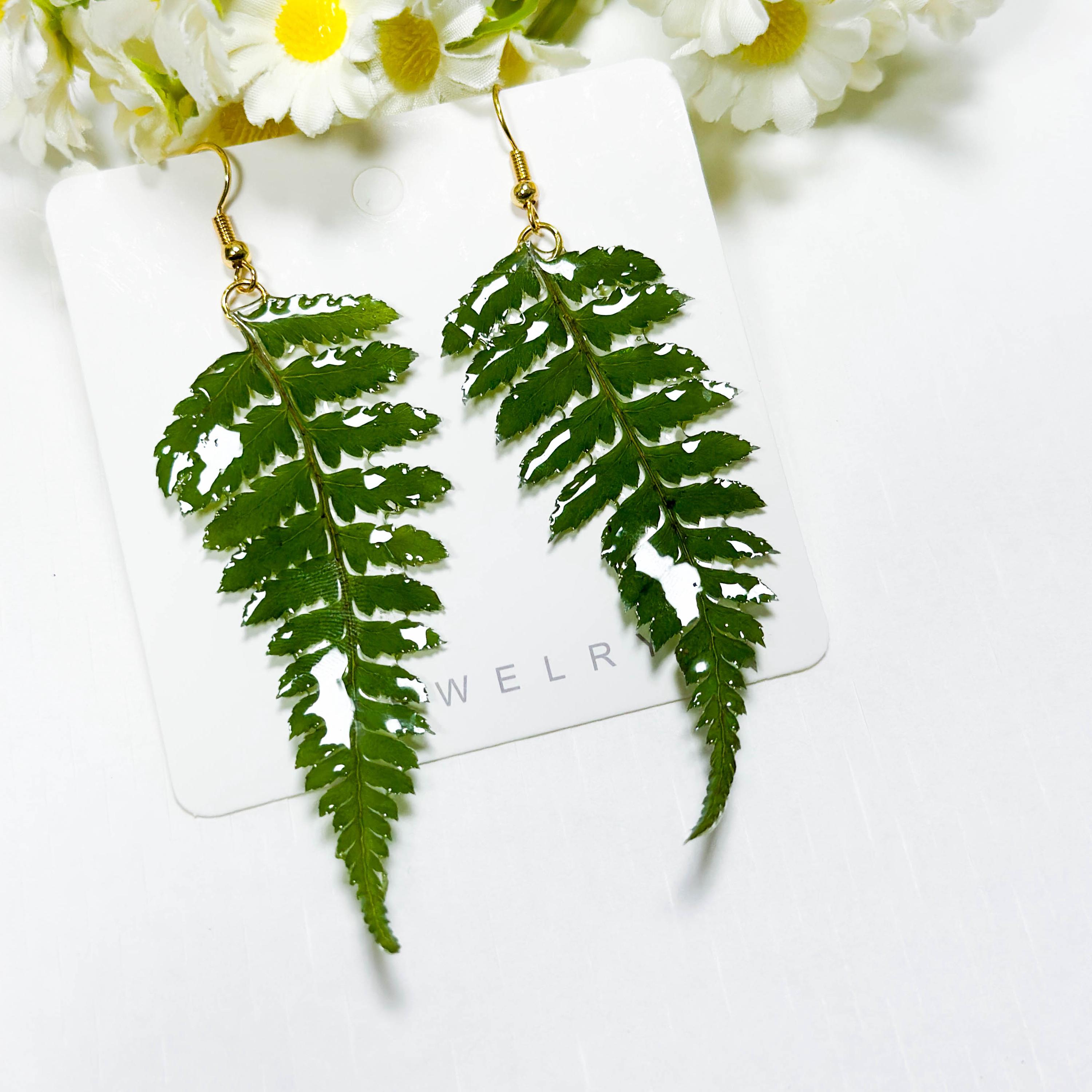 Fern Leaf Real Plant Earrings, Handmade Dried Leaves Earrings, Green ...