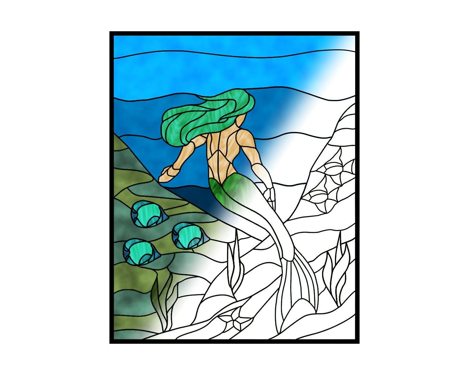 Mermaid Stained Glass Printable for Adult and Kids Colouring Book Page ...