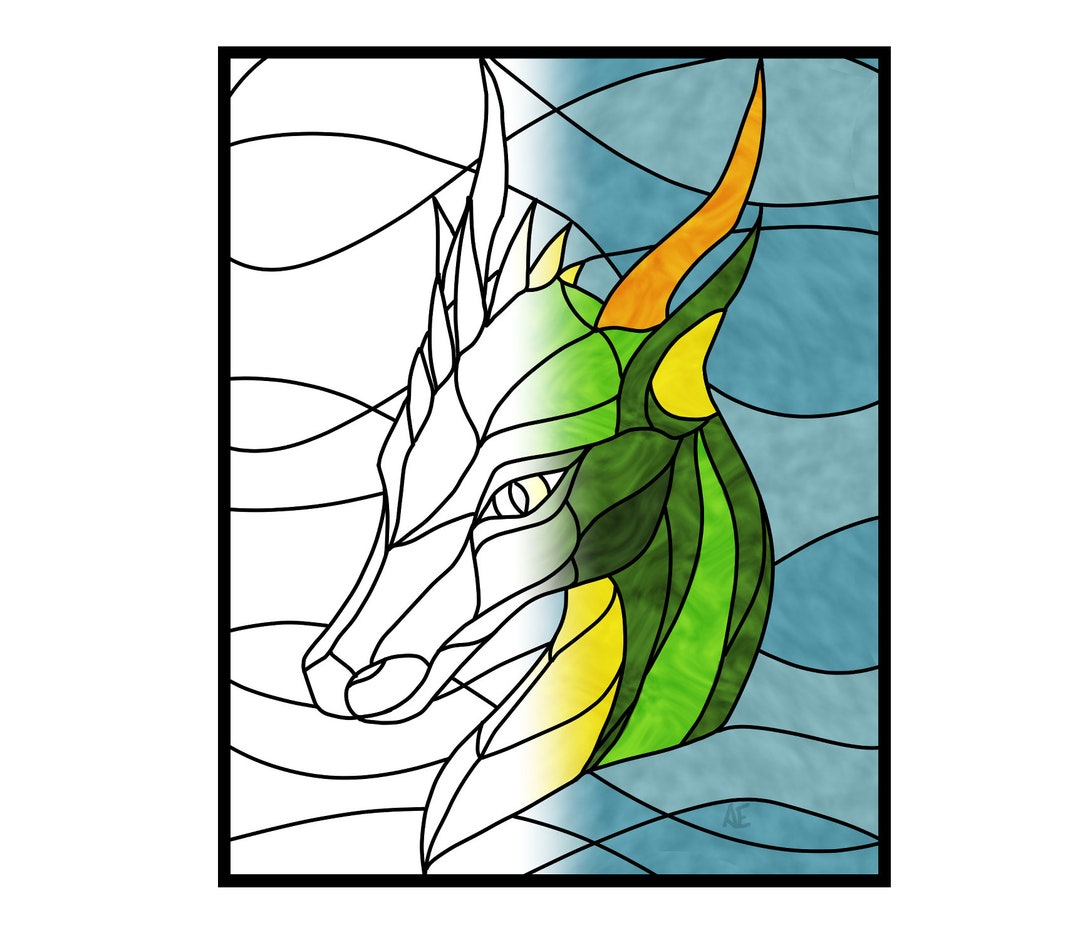 Dragon Portrait Stained Glass Pattern for Adult and Kids Colouring Book ...