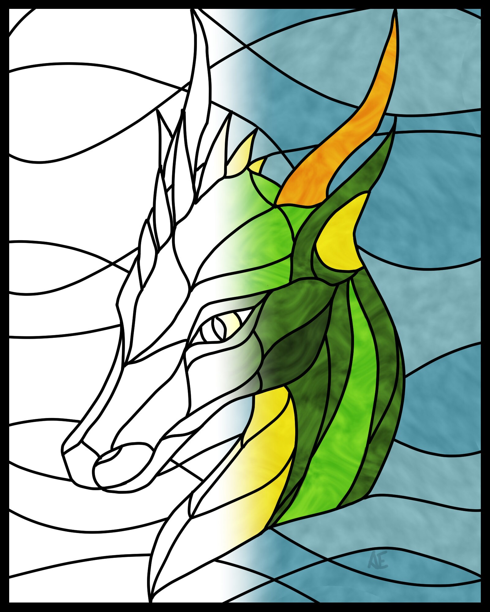 Dragon Portrait Stained Glass Pattern for Adult and Kids Colouring Book ...