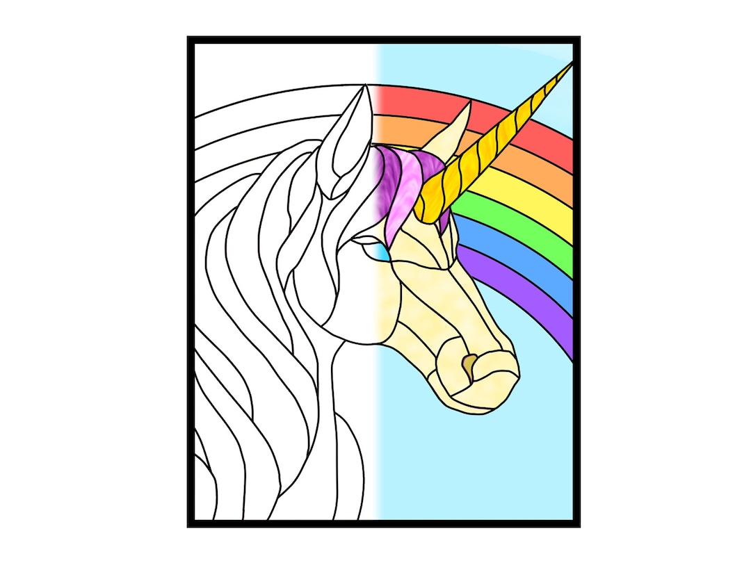 Rainbow Unicorn Stained Glass Printable Colouring Book Page or Stained ...