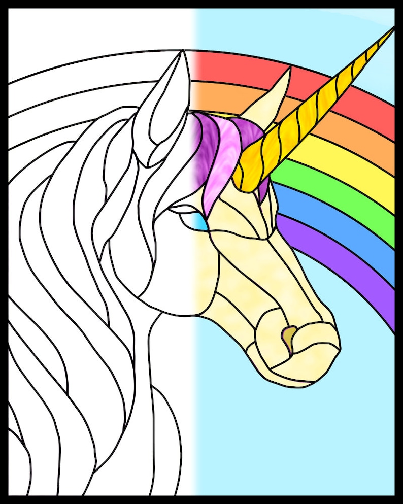 Rainbow Unicorn Stained Glass Printable Colouring Book Page or Stained ...