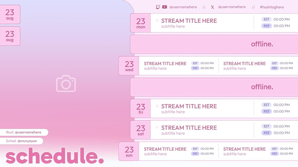 Simple Pink Stream Schedule Template | Vtuber / Streamer Weekly ...