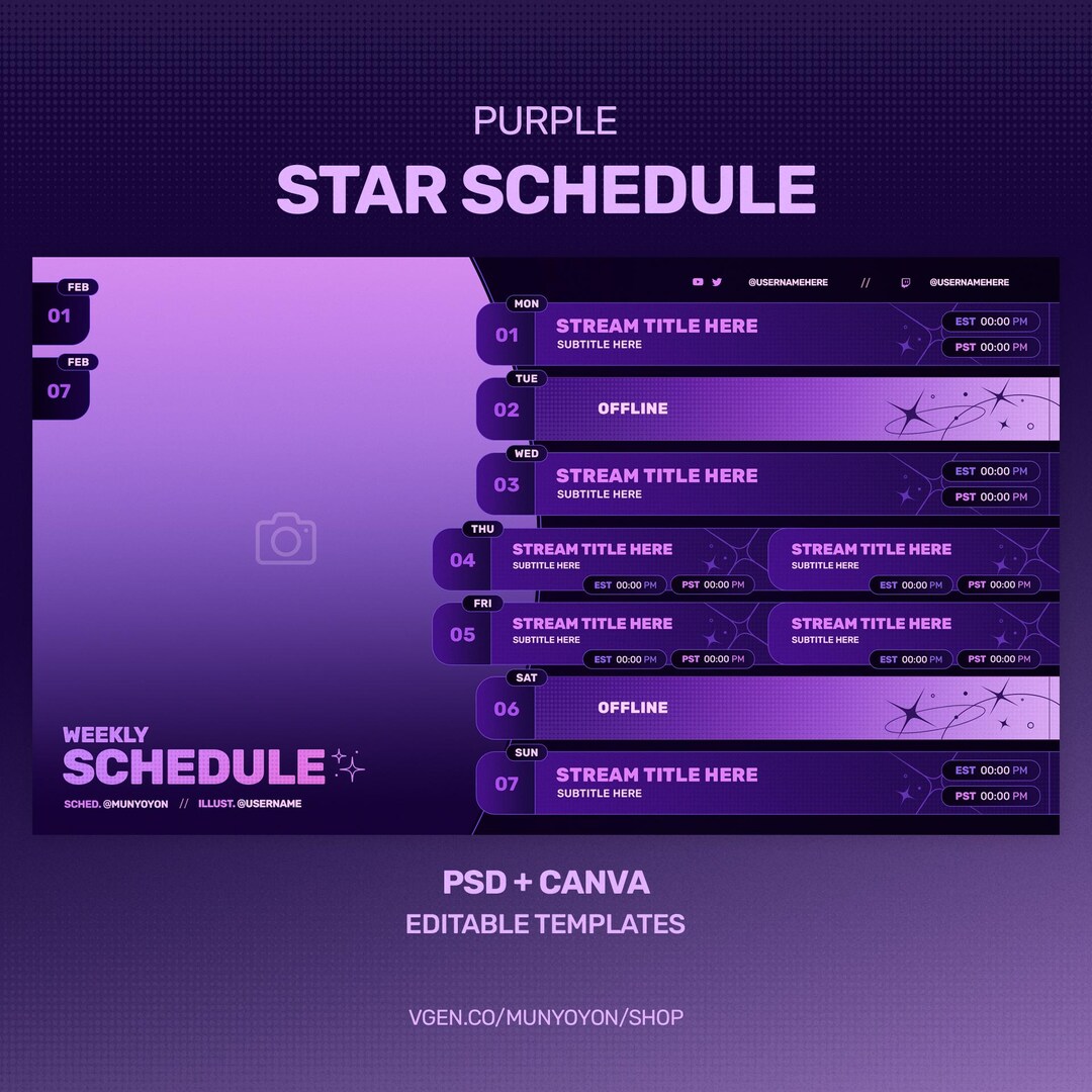 Star Purple Stream Schedule Template | Vtuber / Streamer Weekly ...