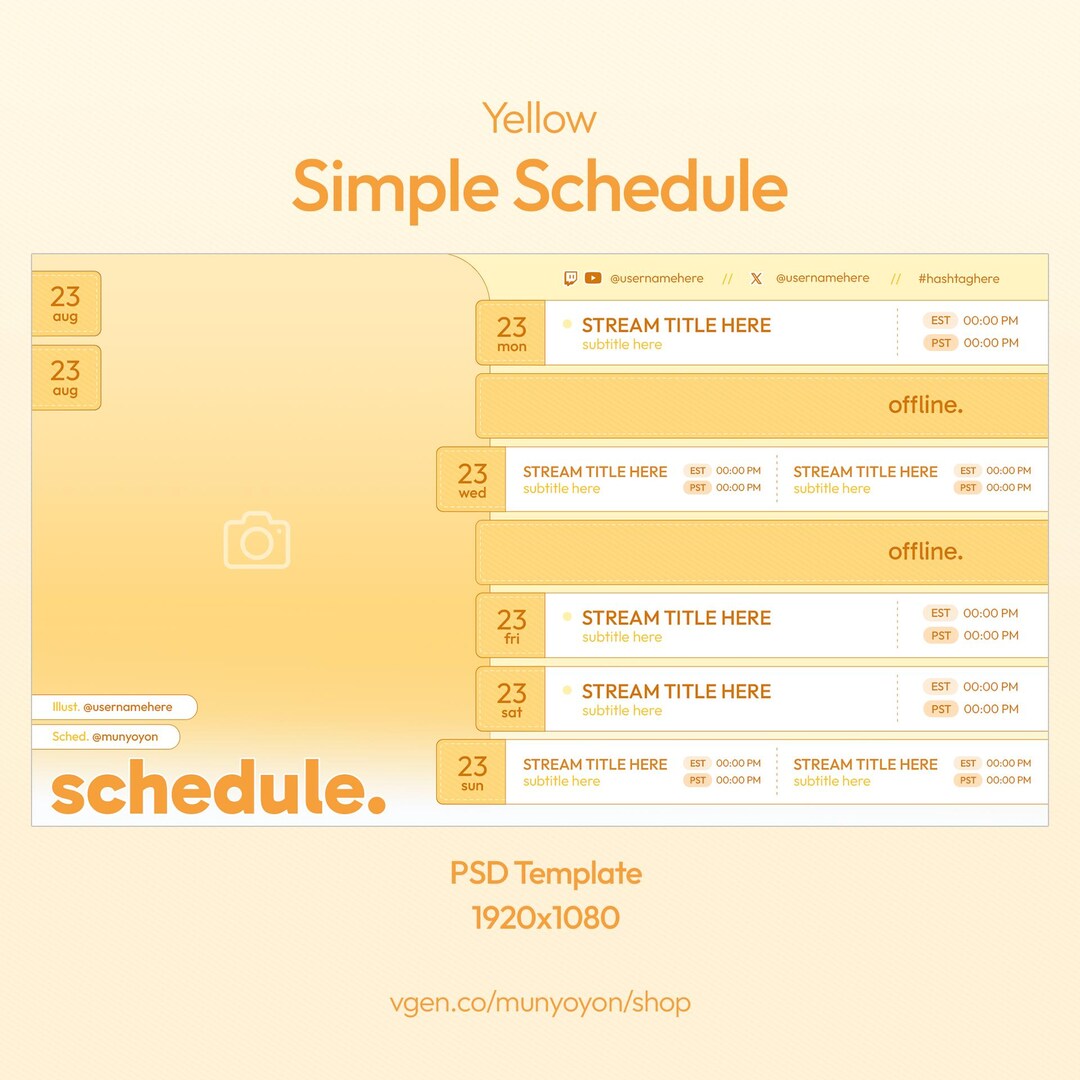 Simple Yellow Stream Schedule Template | Vtuber / Streamer Weekly ...