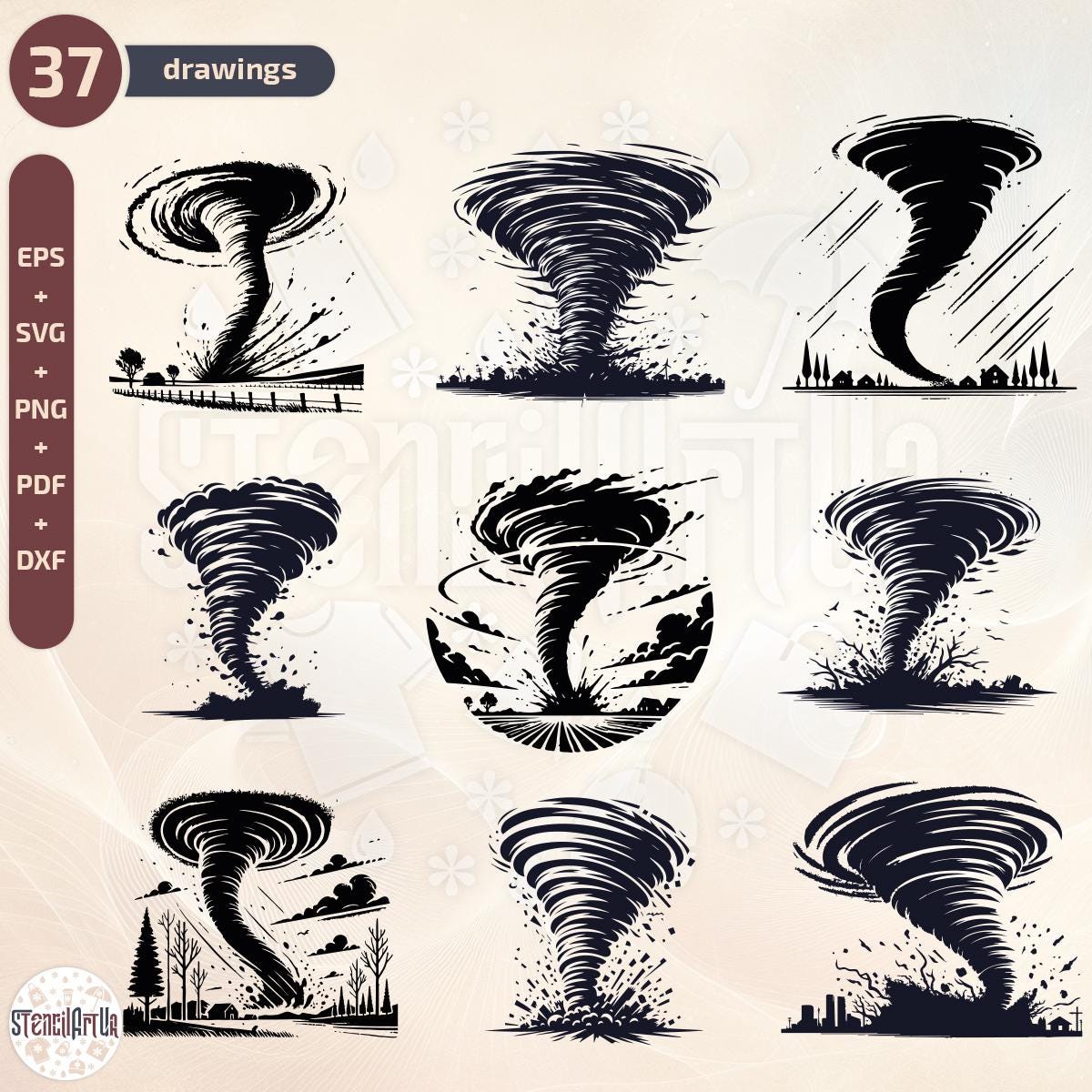 Tornado Stencil Clipart Bundle: Minimalist Storm Vector Illustrations ...