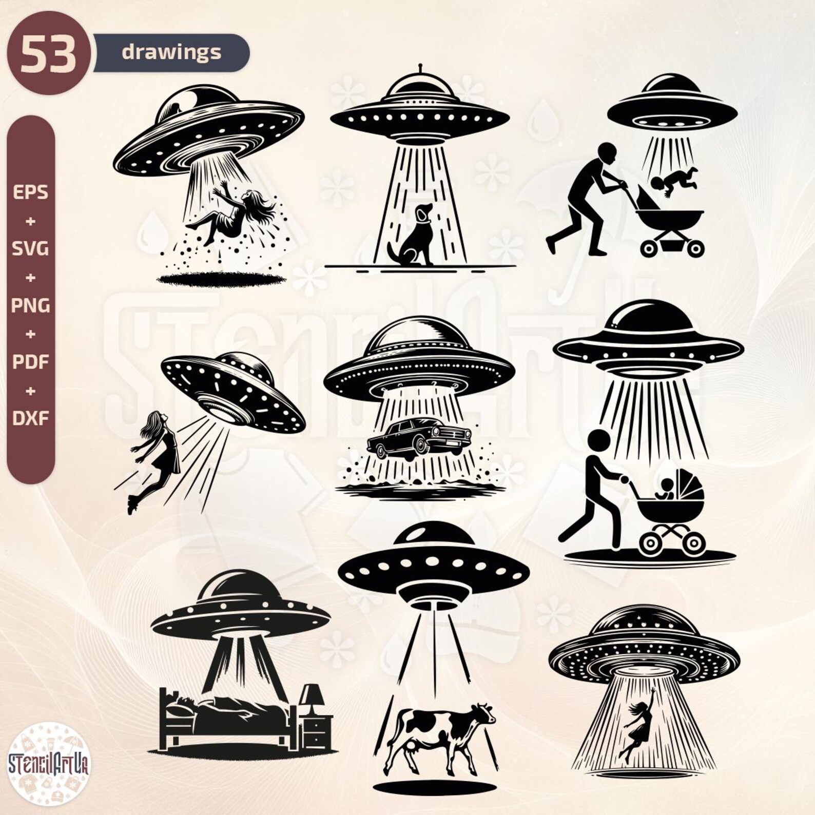 Set of 53 Ufo Stencil Silhouettes | Alien Abductions | Flying Saucers ...