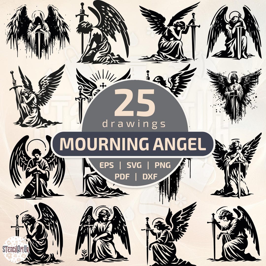 Mourning Angel Stencil | 25 Minimalist Angel Silhouettes (digital ...