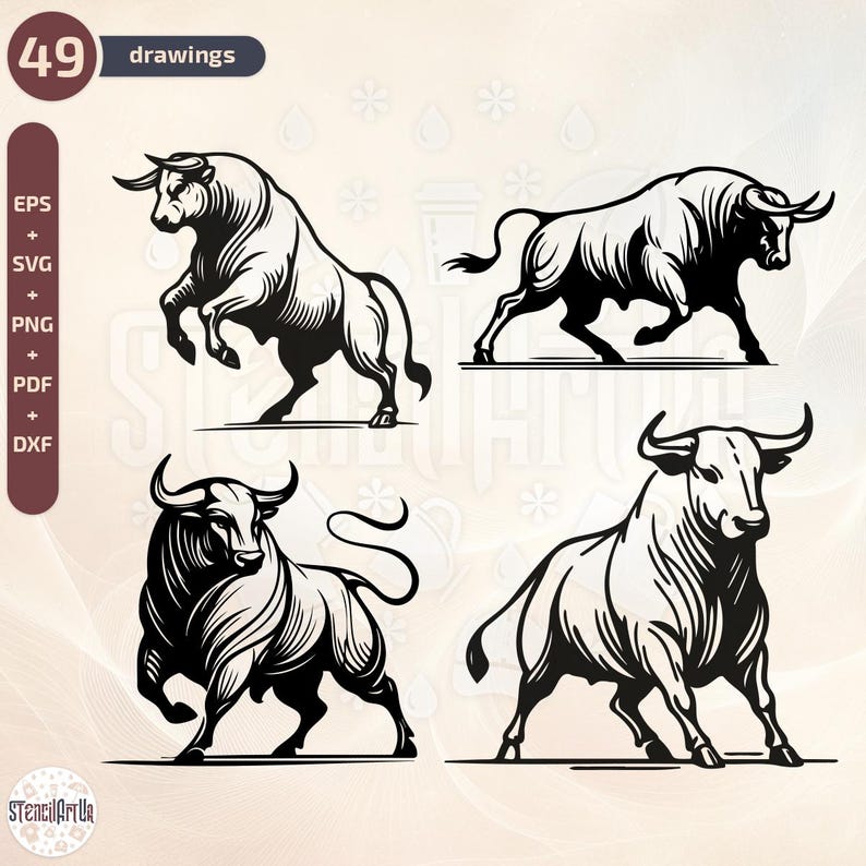 Set of 49 Bull Stencil Designs | Minimalistic Bull Silhouettes | Png ...