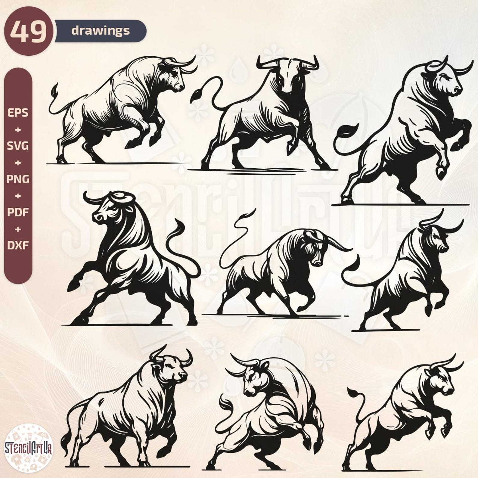 Set of 49 Bull Stencil Designs | Minimalistic Bull Silhouettes | Png ...