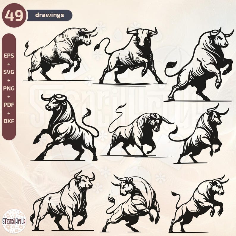 Set of 49 Bull Stencil Designs | Minimalistic Bull Silhouettes | Png ...