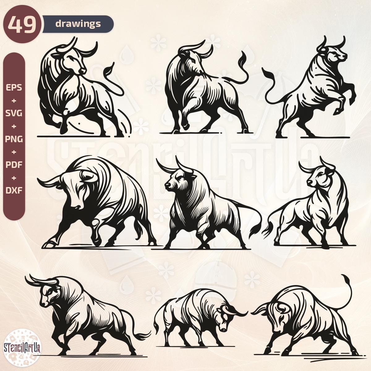 Set of 49 Bull Stencil Designs | Minimalistic Bull Silhouettes | Png ...
