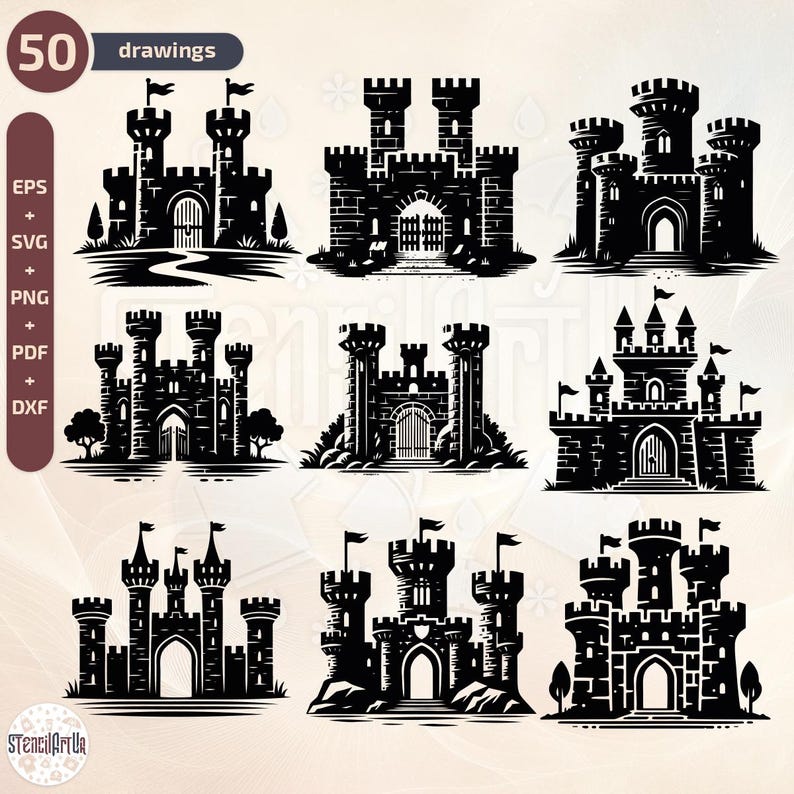 Medieval Castle Stencils | 50 Fortress Silhouettes (vector Clipart ...