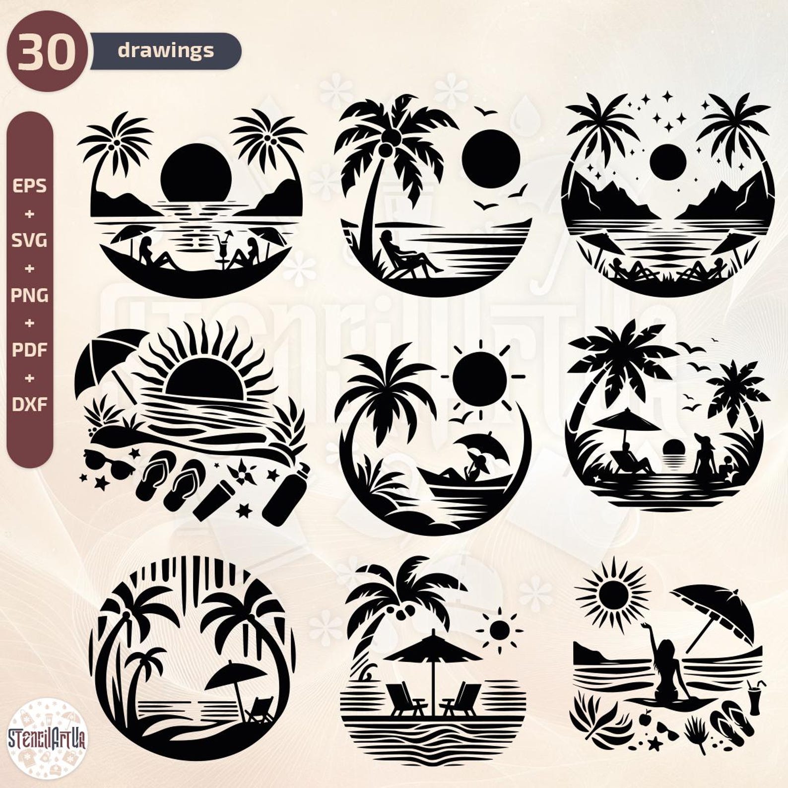 Tropical Beach Stencil Clipart Round Seaside Scenes With Palm Trees ...