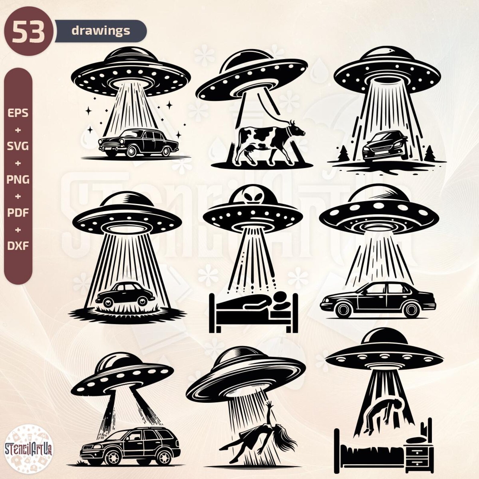 Set of 53 Ufo Stencil Silhouettes | Alien Abductions | Flying Saucers ...
