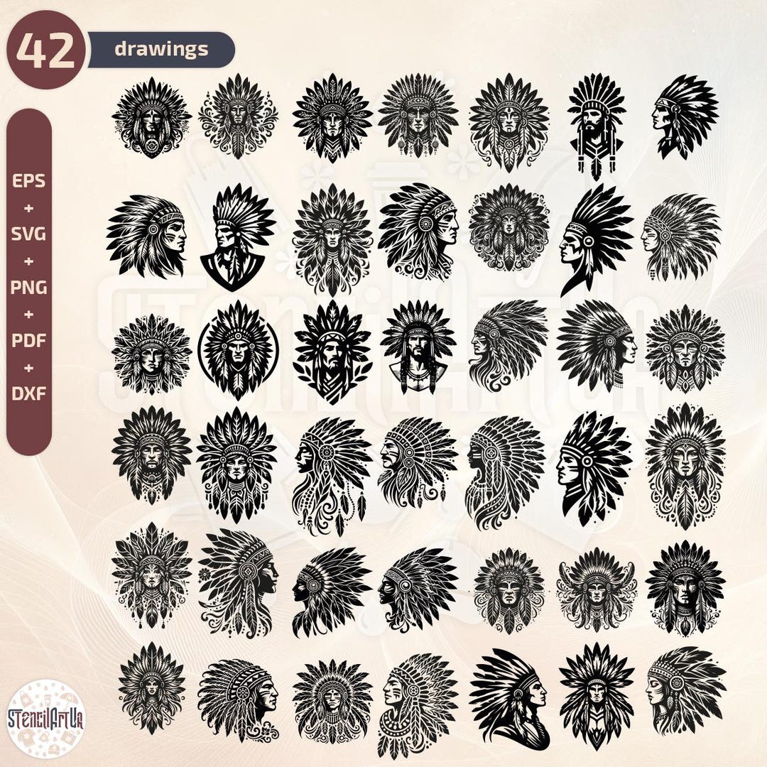 Tribal Face Silhouette Art, Native Headdress Portraits, Indigenous ...
