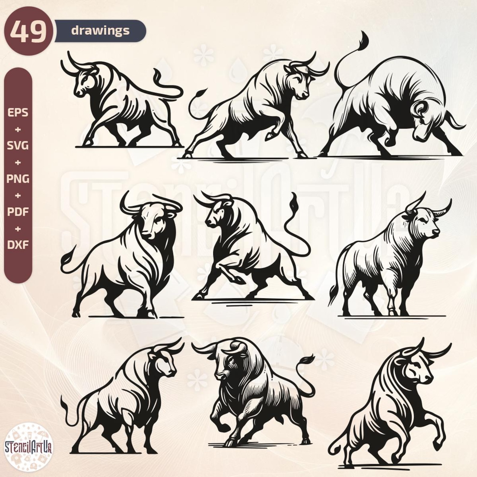 Set of 49 Bull Stencil Designs | Minimalistic Bull Silhouettes | Png ...