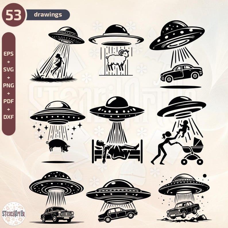 Set of 53 Ufo Stencil Silhouettes | Alien Abductions | Flying Saucers ...