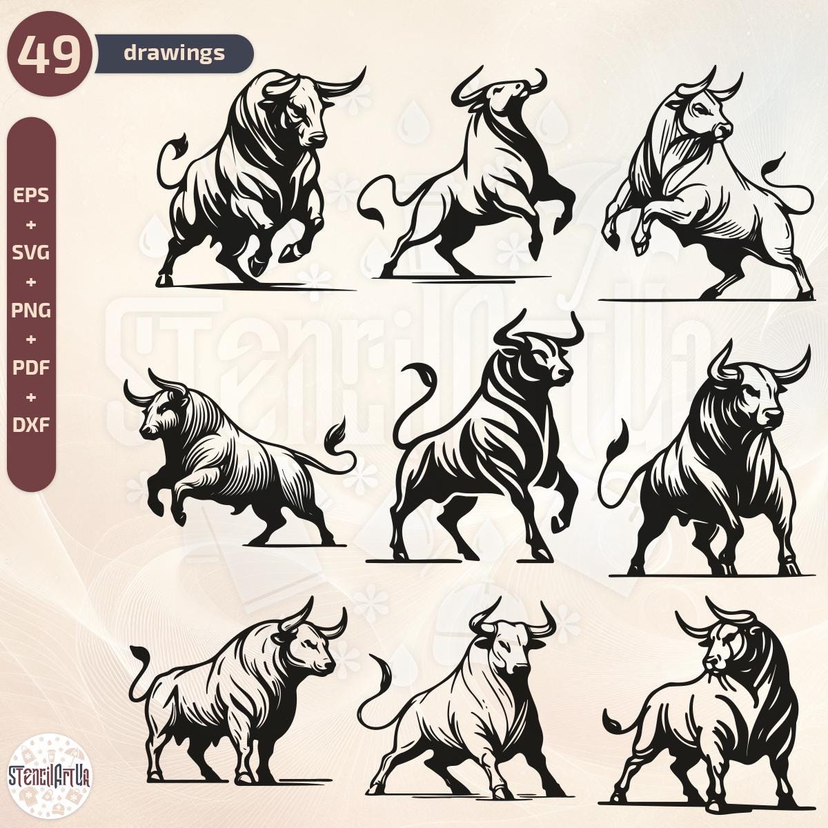 Set of 49 Bull Stencil Designs | Minimalistic Bull Silhouettes | Png ...