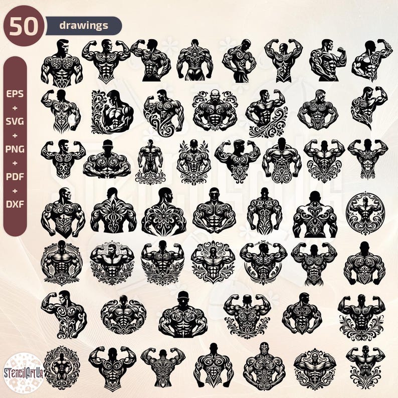 Bodybuilder Stencil Art | 50 Athletic Figure Designs (digital Download ...