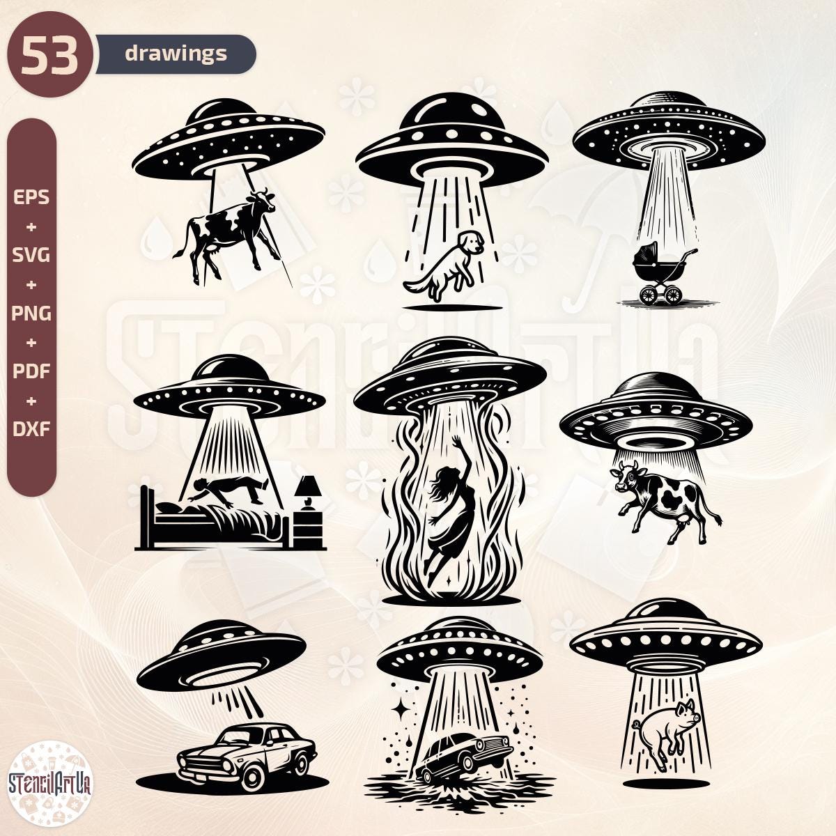 UFO Abduction Stencil Set, 53 Alien Silhouettes (digital Download) - Etsy