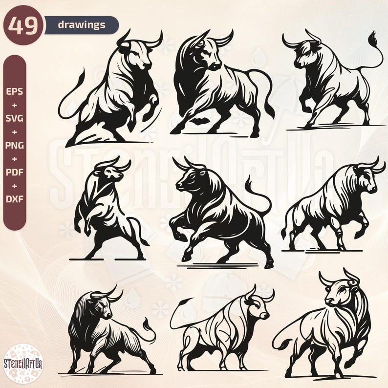 Set of 49 Bull Stencil Designs | Minimalistic Bull Silhouettes | Png ...