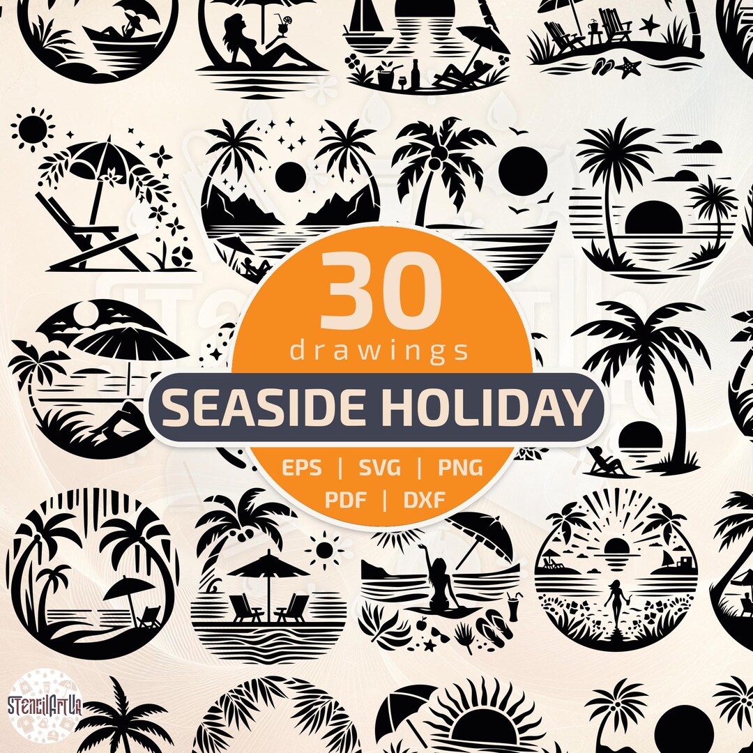 Tropical Beach Stencil Clipart Round Seaside Scenes With Palm Trees ...