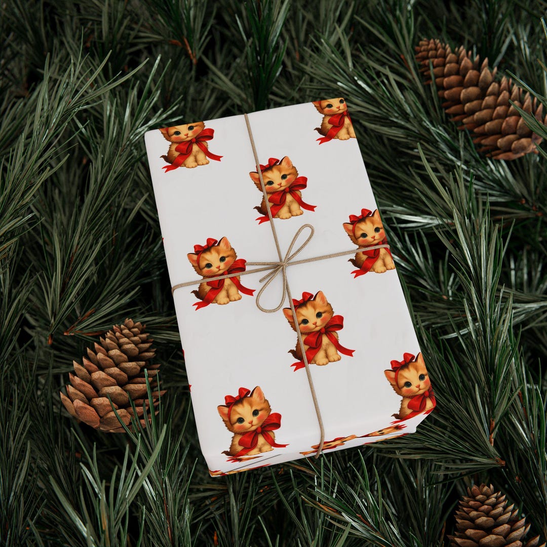 Christmas Kitten Wrapping Paper, Red Bow Festive Pattern - Etsy