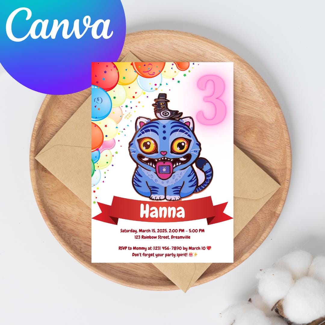 Editable Monster Cat Birthday Invite, Funny Derpy Animal Party ...