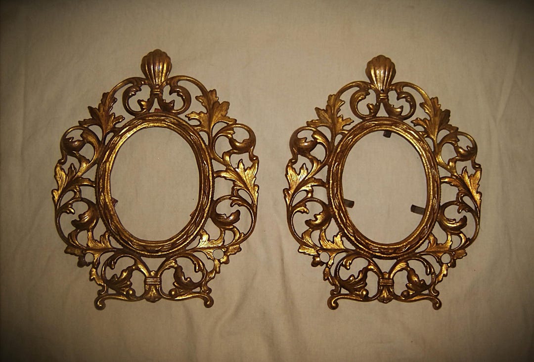 Antique Gold Picture FRAMES Gilded Cast Iron Pair Ornate Oval Center ...